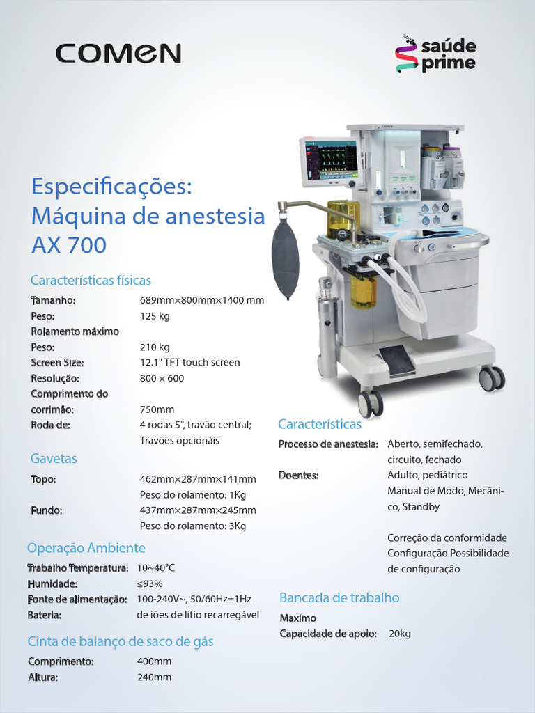 Ficha Técnica Máquina de Anestesia AX 700 | PDF | Tecnologia e Engenharia