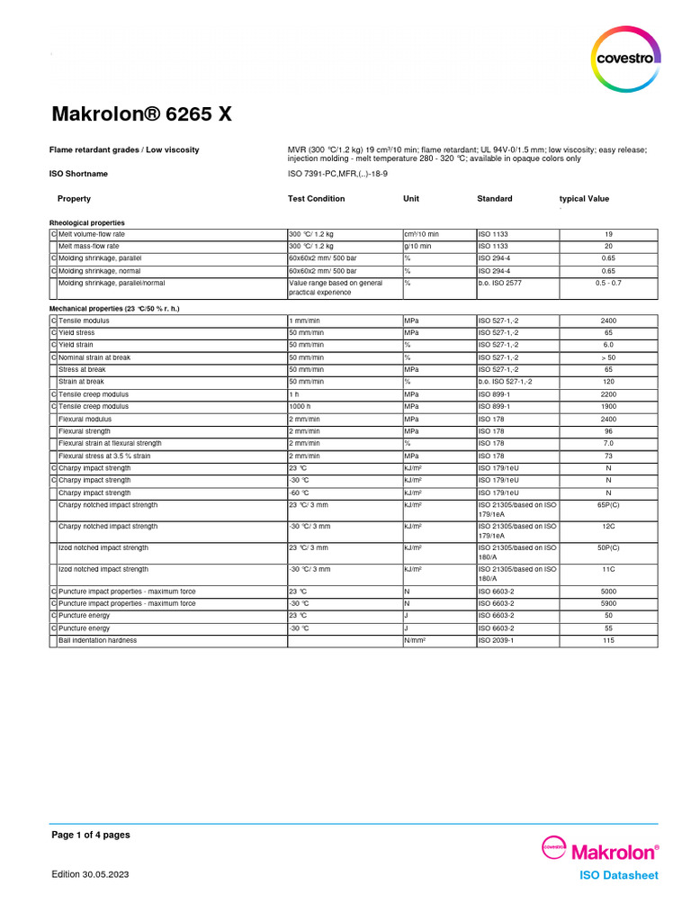Makrolon 6265 X Flame Retardant ISO Datasheet | PDF | Creep (Deformation) | Pascal (Unit)