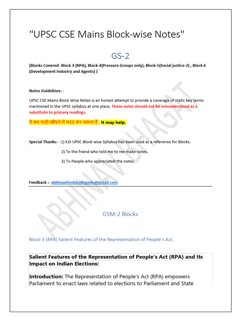 GS 2 Mains Block Wise Notes | PDF | Food Security | Health Care