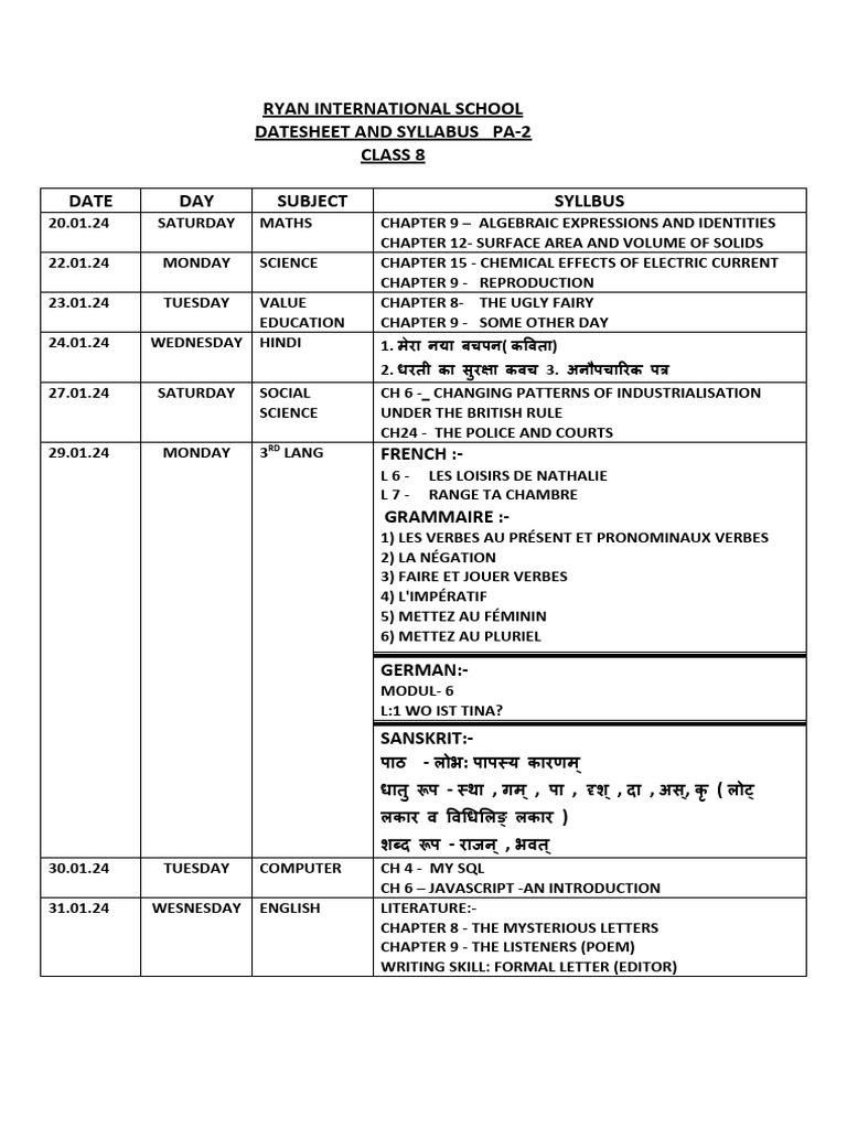 Class 8 Board Exam Datesheet & Syllabus | PDF