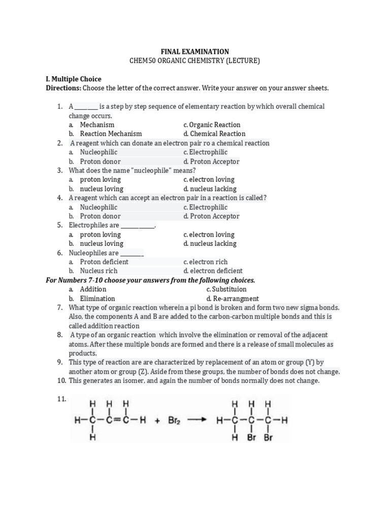 Final Exam Chem 50 Organic Chemistry | PDF | Chemical Reactions | Unit ...