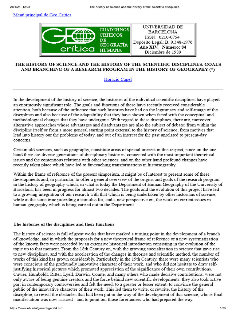 The History of Science and The History of The Scientific Disciplines ...