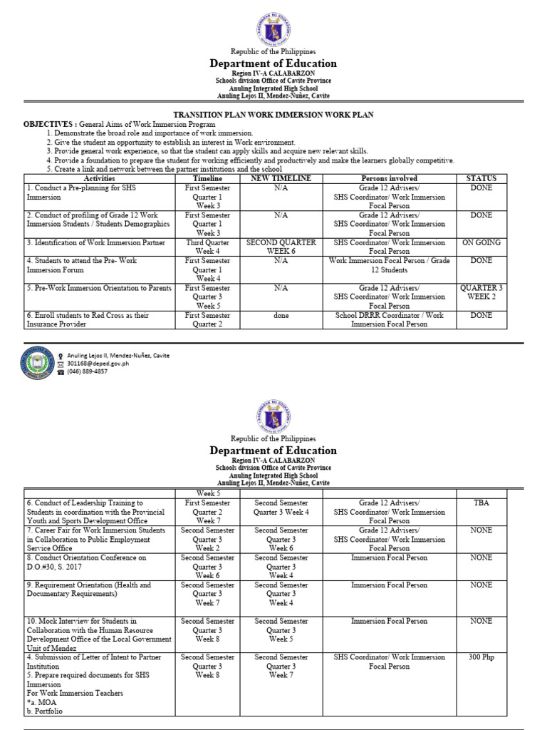Transiton Plan On Work Immersion | PDF