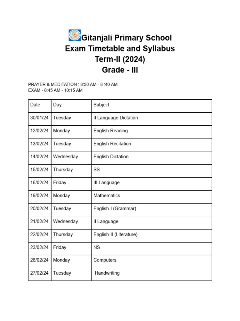 Class3-II Term-February-24-Syllabus - Timetable | PDF | Linguistics