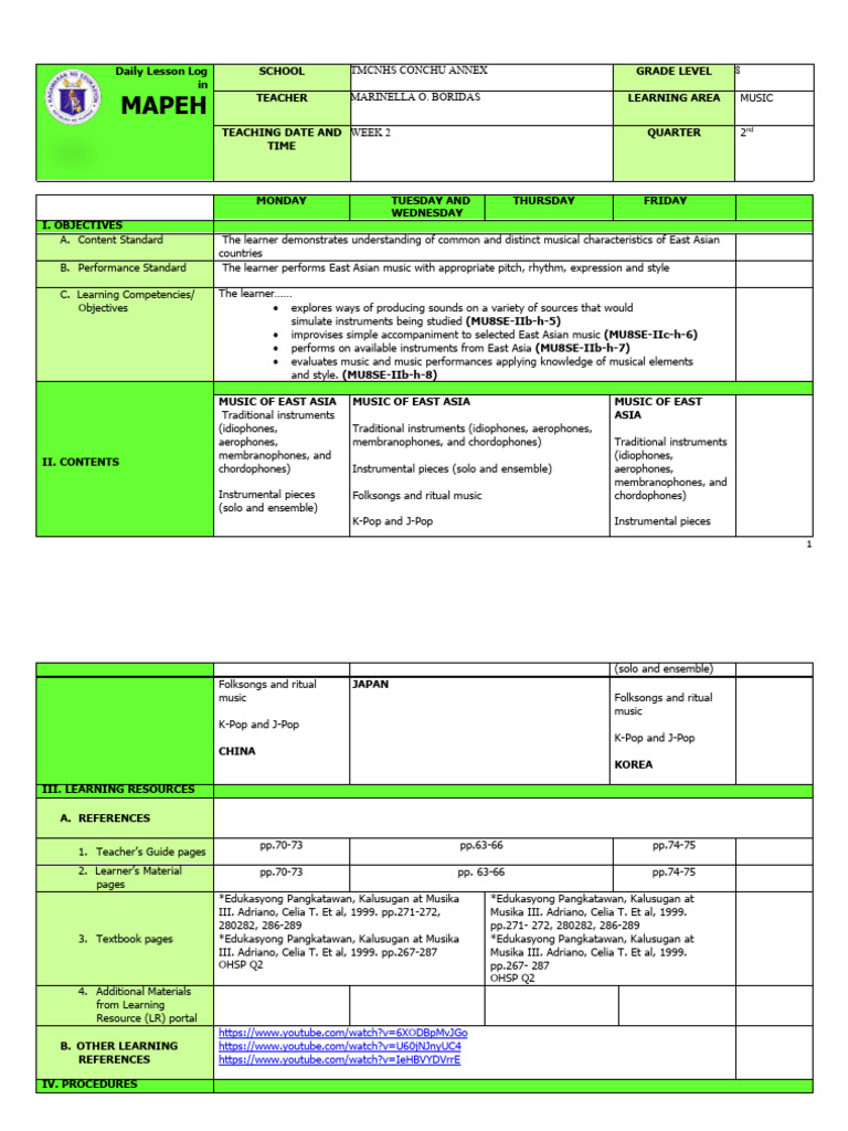 Q2 Grade 8 Music DLL Week 2 | PDF | Musical Instruments | Learning