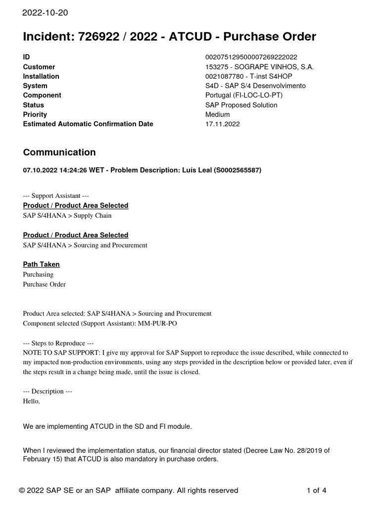 Incidente SAP 726922 - 2022 - 002075129500007269222022 - ATCUD - Purchase Order | PDF ...