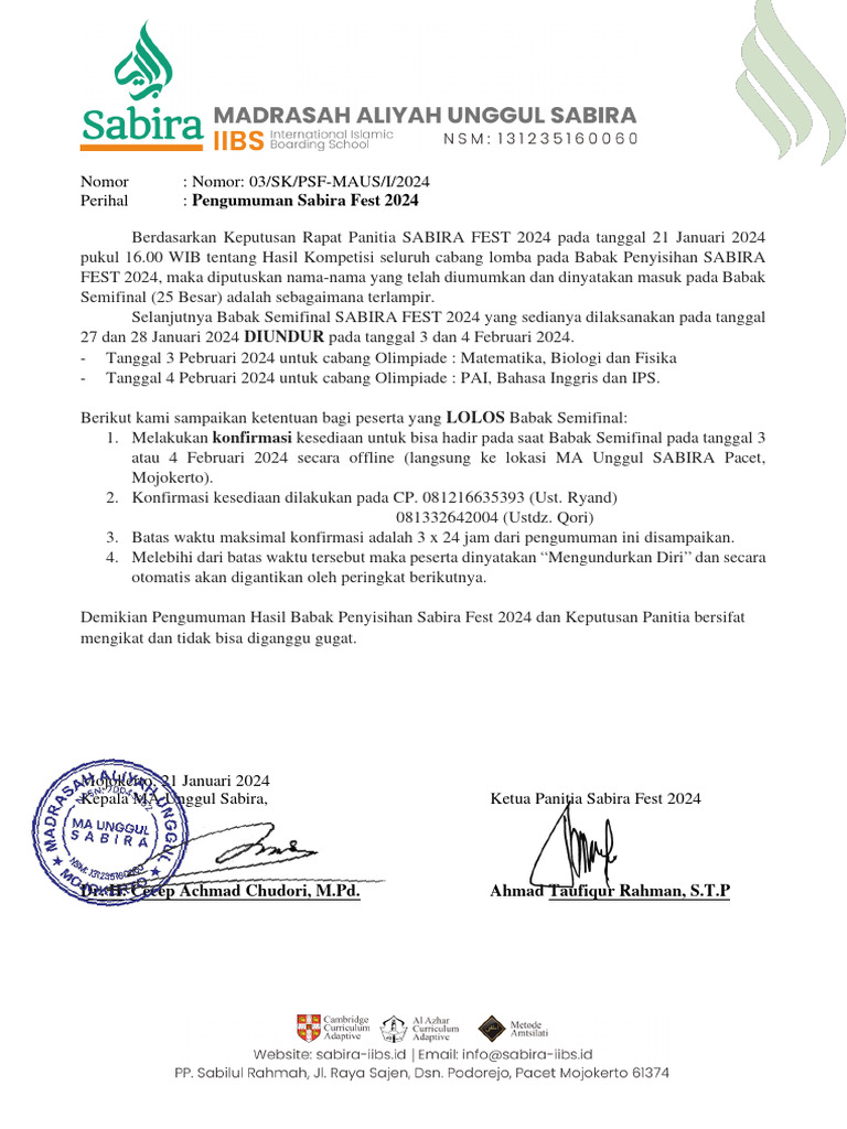 Pengumuman Semifinal Sabira Fest 2024 | PDF