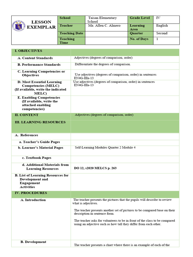 Idea LX Cot 1 Adjective (Degree of Comparison) | PDF | Teachers | Adjective