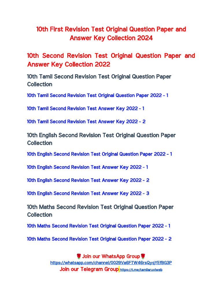 10th Second Revision Test Original Question Paper and Answer Key ...