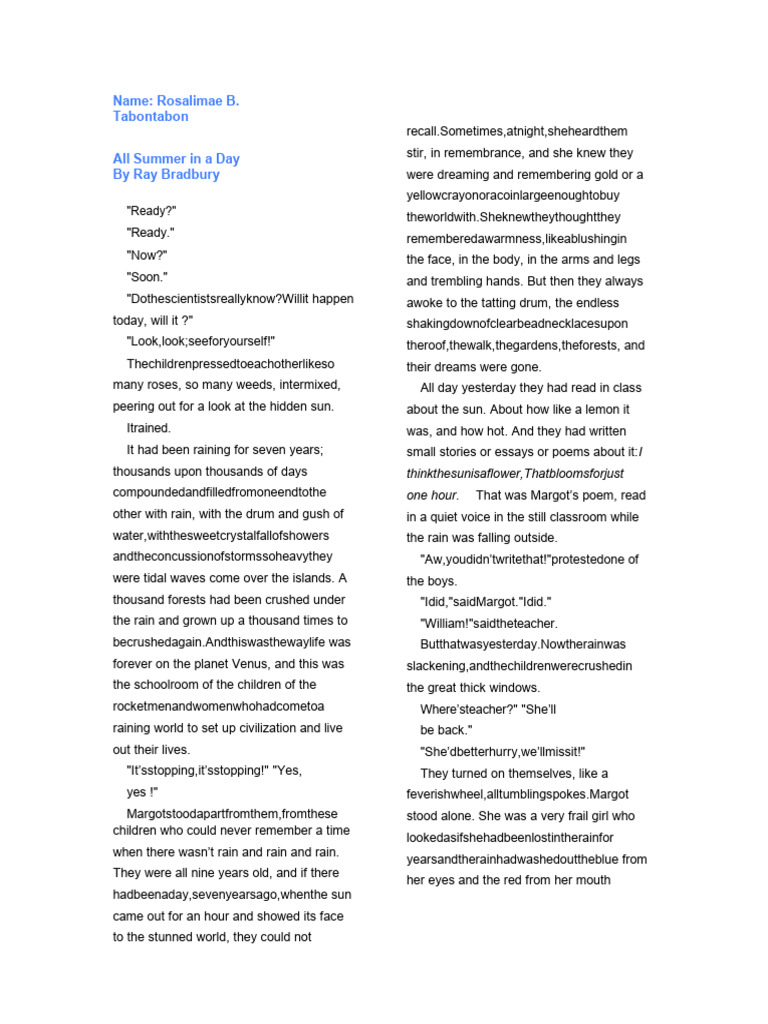 6 All Summer in A Day by Ray Bradbury | PDF