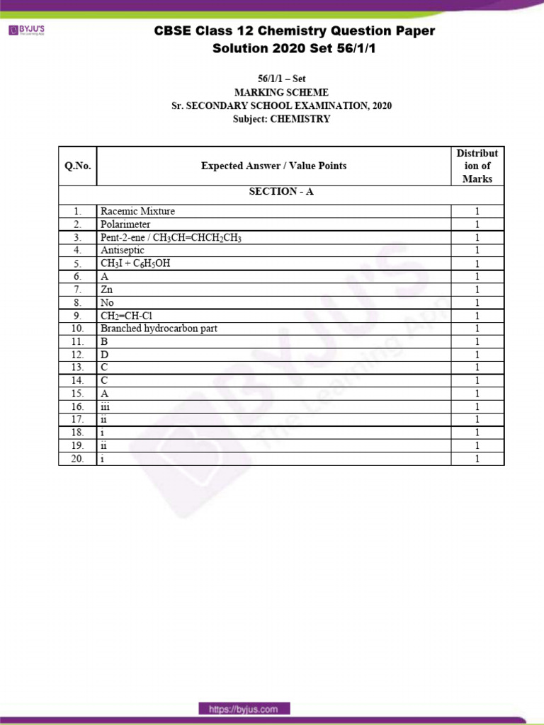 CBSE Class 12 Chemistry Question Paper Solution 2020 Set 56 1 1 | PDF ...