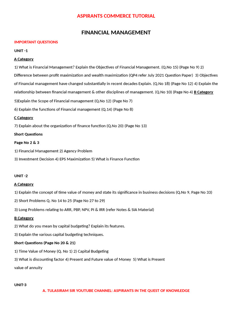 Financial Management Important Questions | PDF | Capital Budgeting | Trade