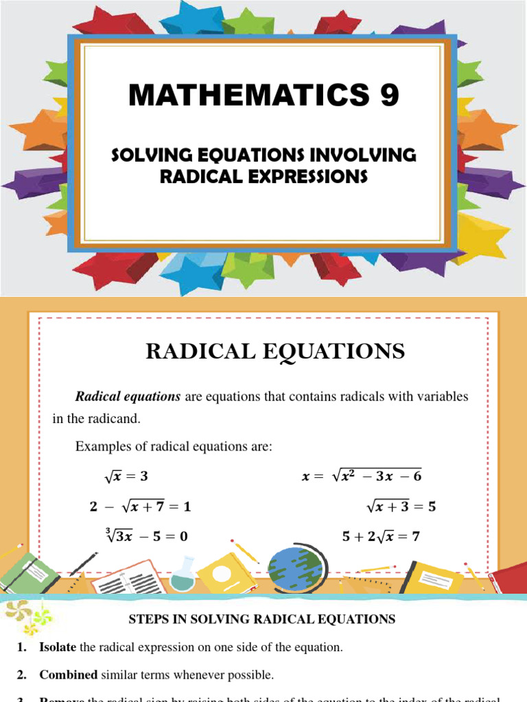 Mathematics 9: Solving Equations Involving Radical Expressions | PDF ...