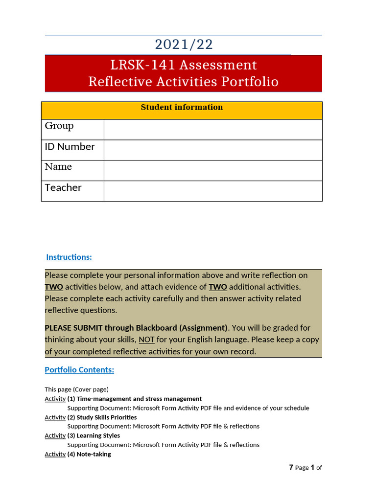 Reflective Activities Portfolio Sep 2021 | PDF | Learning Styles | Learning