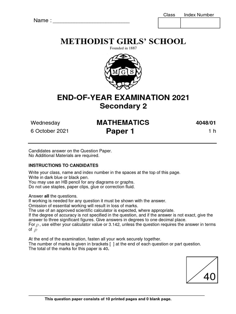 7) MGS 2021 Sec 2 Math EOY Paper 1 | PDF | Area | Cartesian Coordinate ...