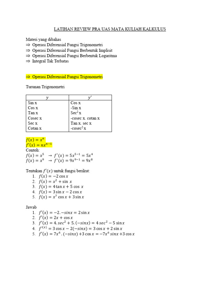 Latihan Review Pra Uas Kalkulus | PDF