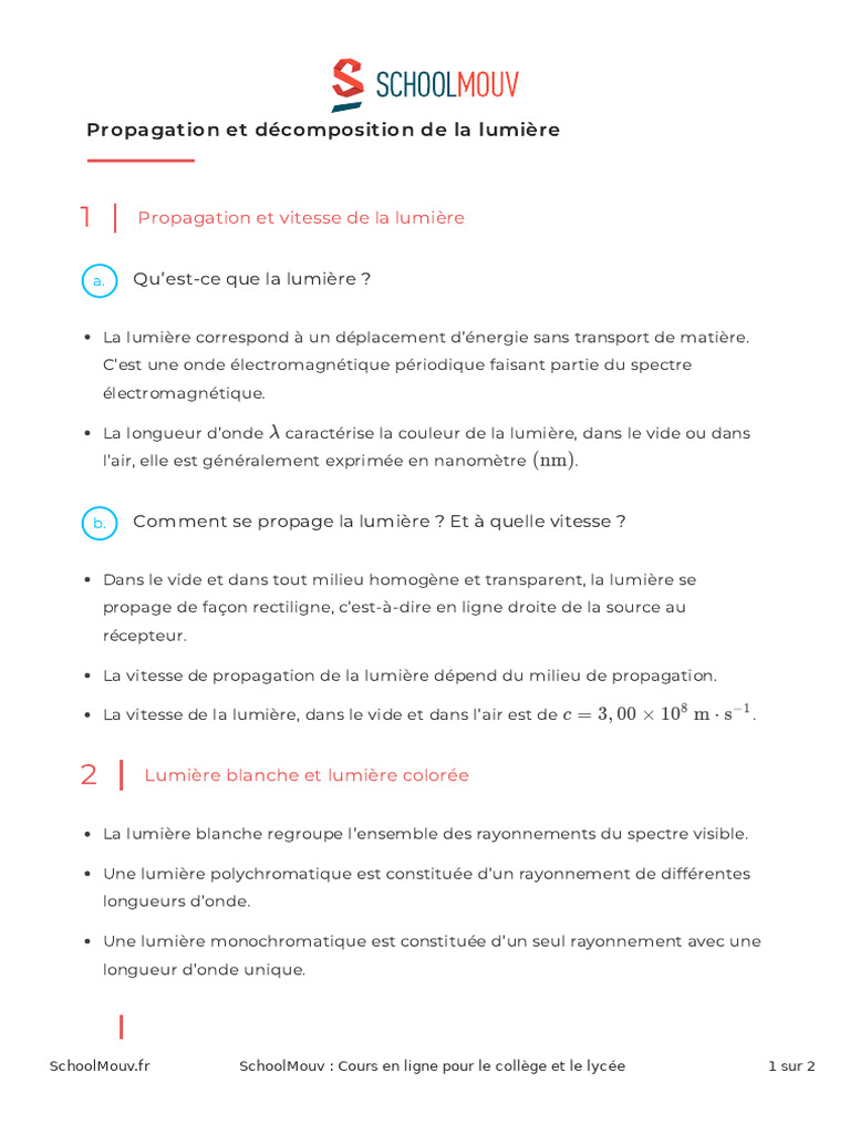 Propagation Et Decomposition de La Lumiere - Fiche de Revision | PDF