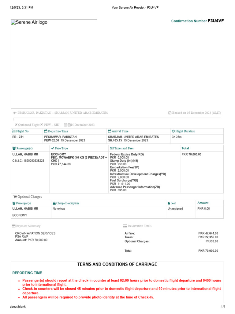Serene Air Flight Receipt F3U4VF | PDF | Credit Card | Identity Document