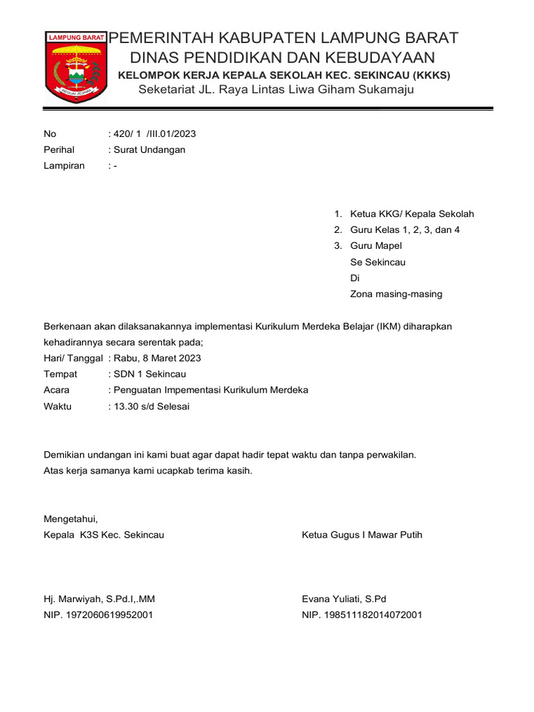 Surat Undangan KKG | PDF