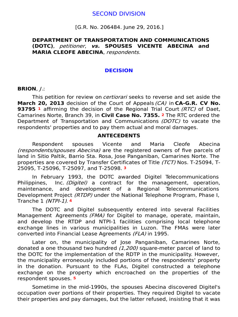 DOTC vs. Abecina Property Dispute | PDF | Eminent Domain | Sovereign ...