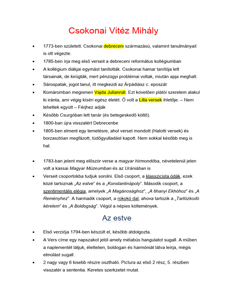 Csokonai Vitéz Mihály Szerelmi Költészete | PDF