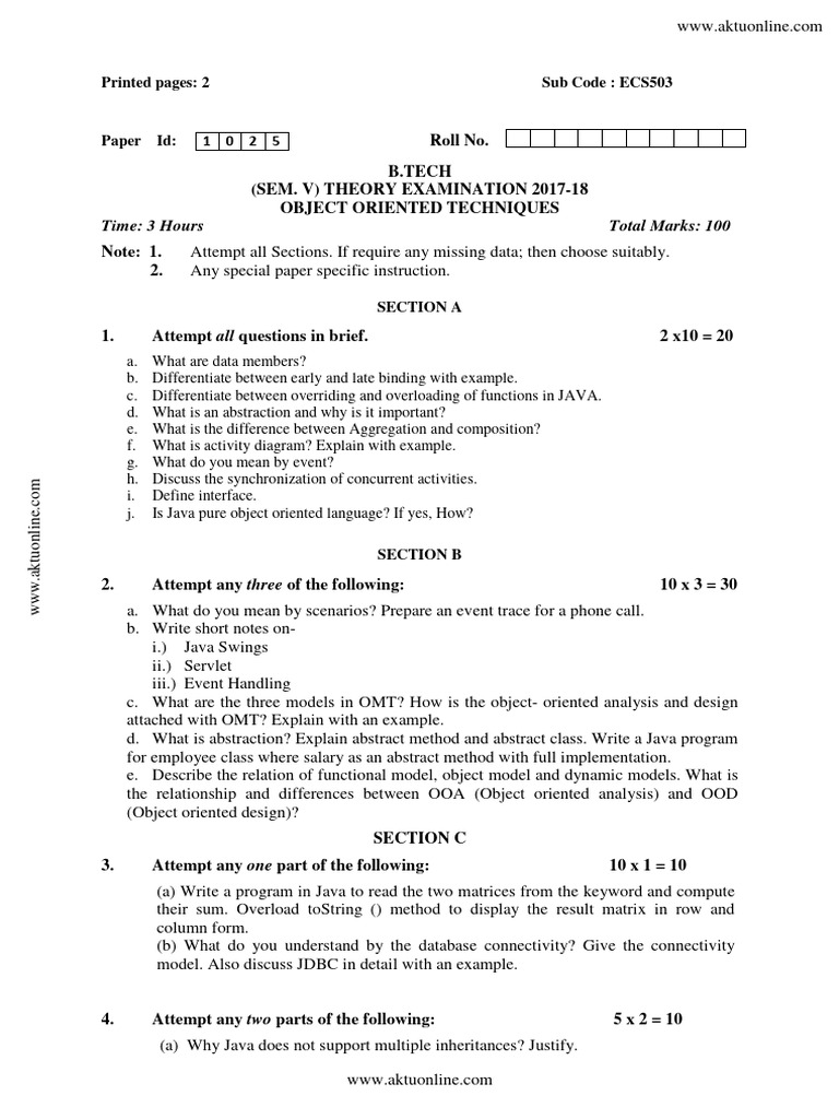 Btech Cs 5 Sem Object Oriented Techniques Ecs503 2018 | PDF | Method (Computer Programming ...