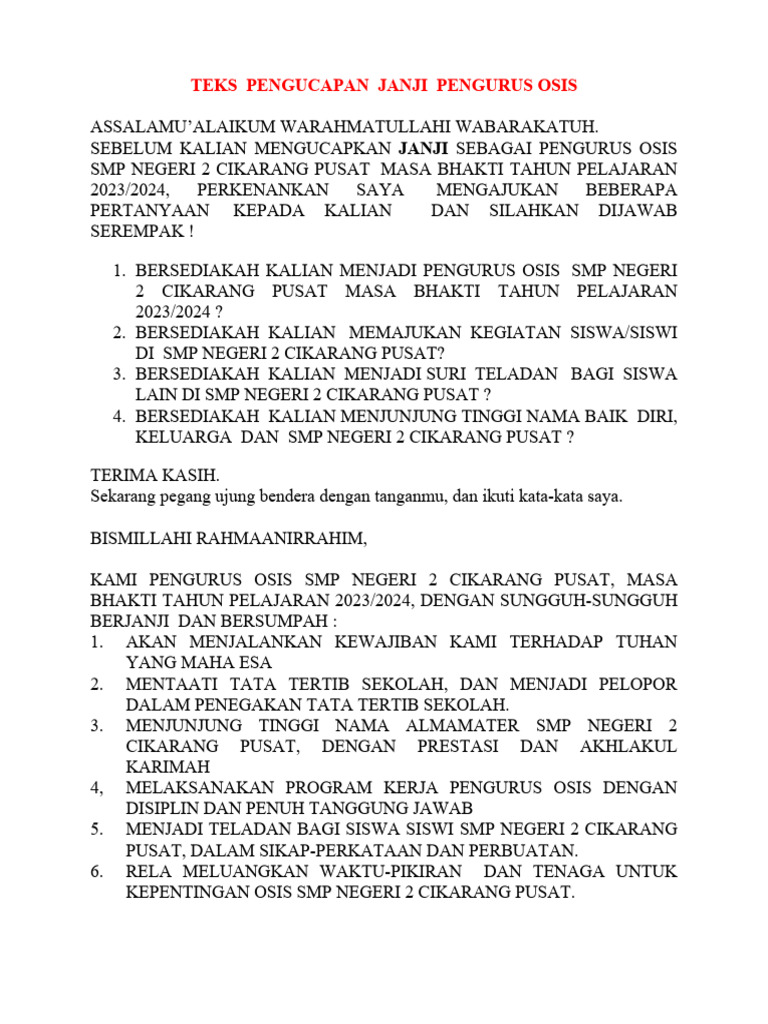 Teks Janji Osis 2023-2024 | PDF