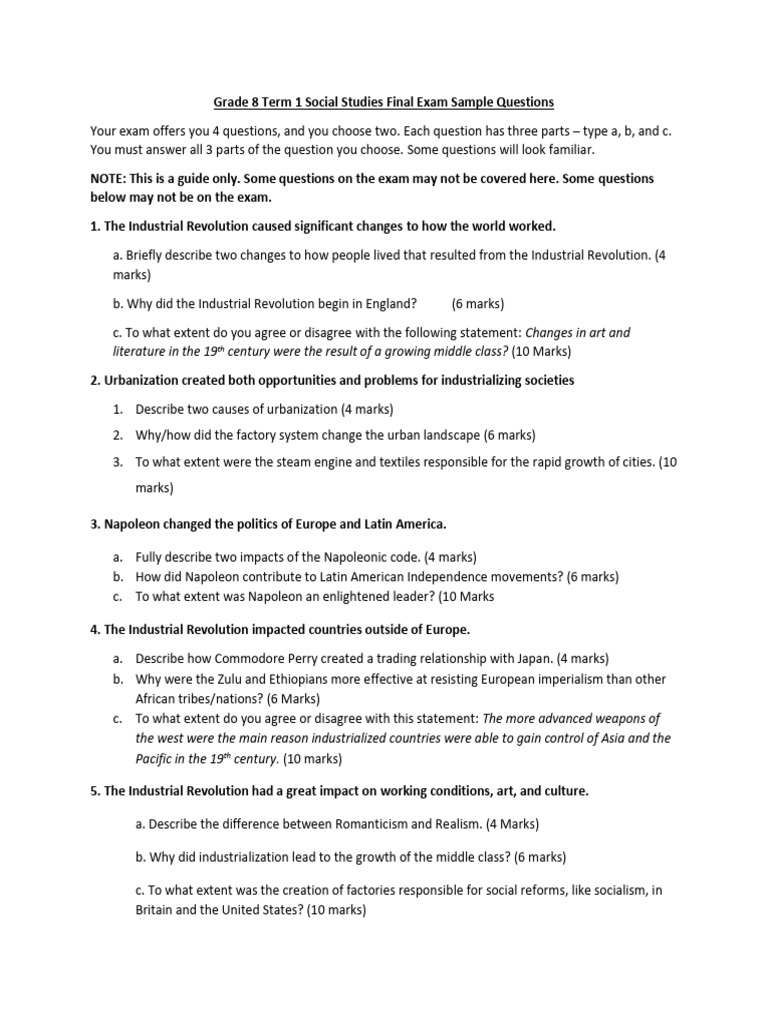 Grade 8 Social Studies Exam Sample Questions | PDF | Industrial ...