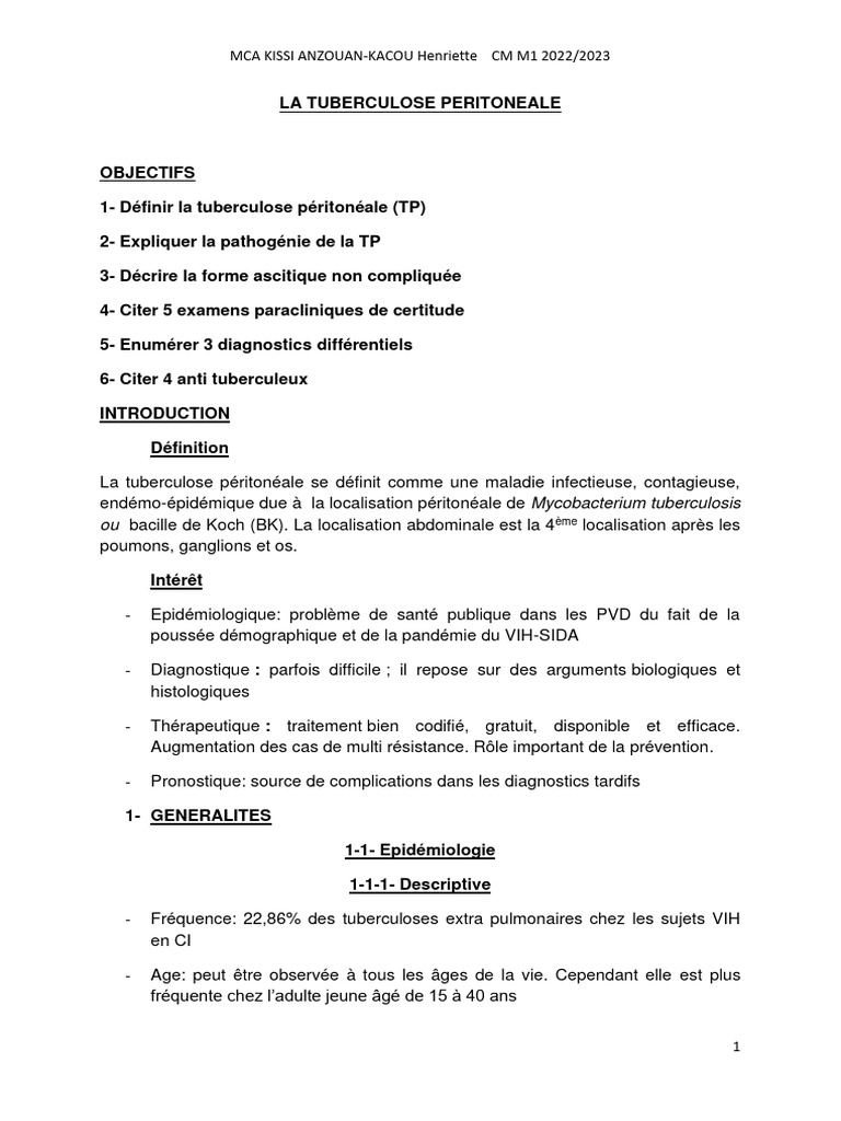 Tuberculose Péritonéale : Diagnostic et Traitement | PDF | Tuberculose ...
