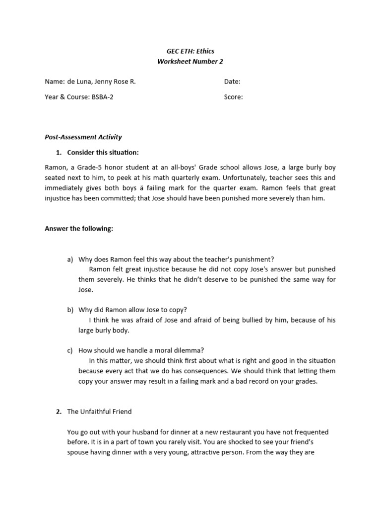 Ethical Dilemmas Worksheet | PDF