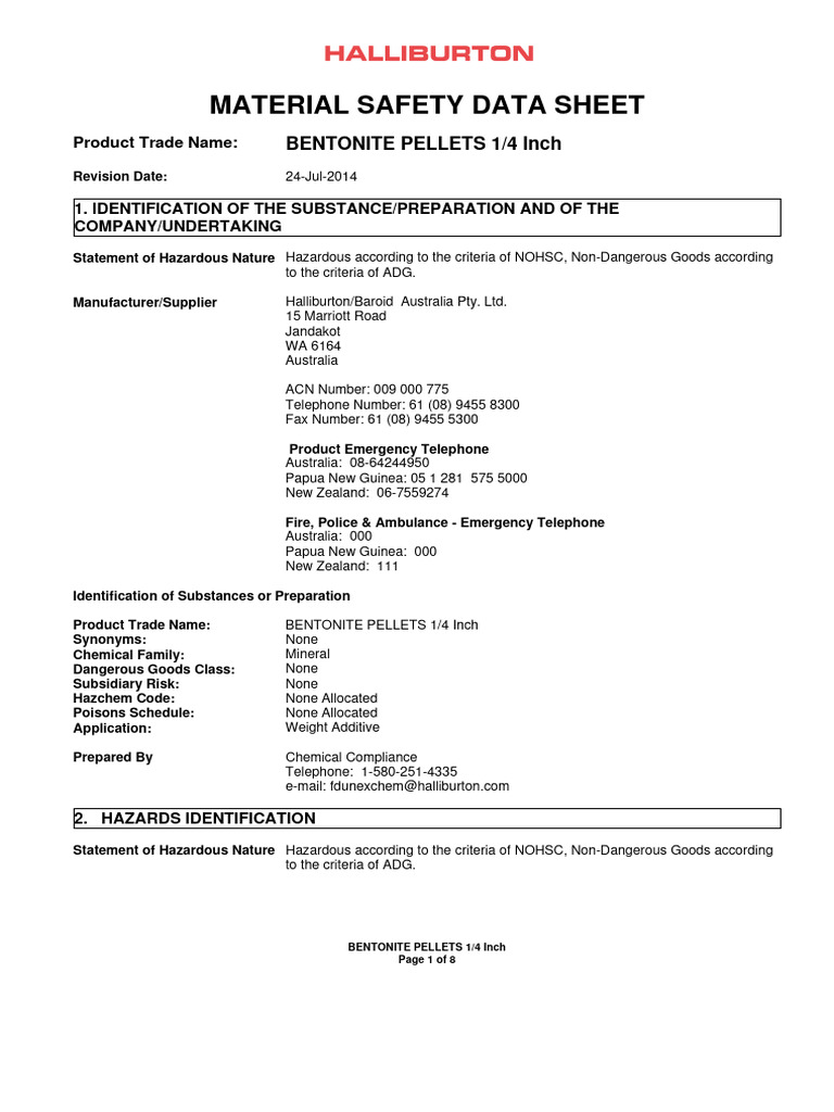 Bentonite Pellets MSDS 1/4 Inch | PDF | Dangerous Goods | Personal ...