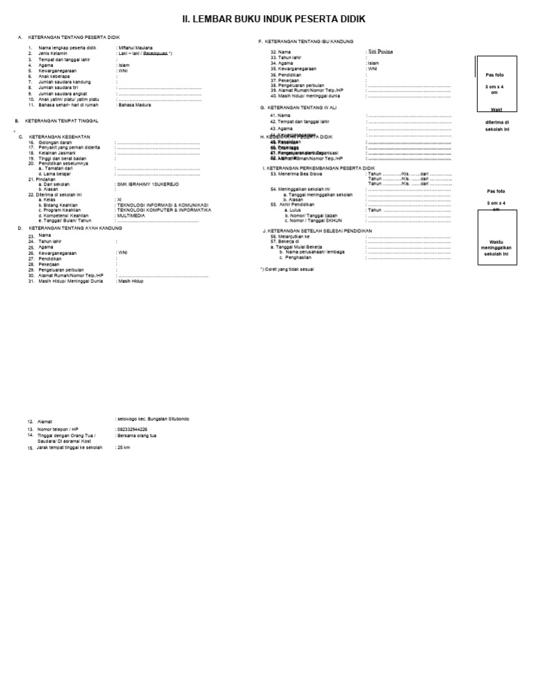 LEMBAR BUKU INDUK (BIODATA) Miftah | PDF