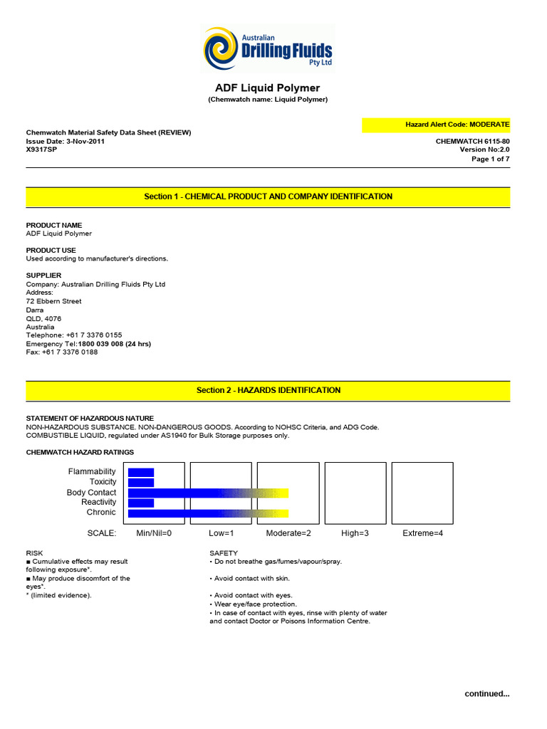 ADF LIQUID POLYMER MSDS - Australia | PDF | Waste Management ...