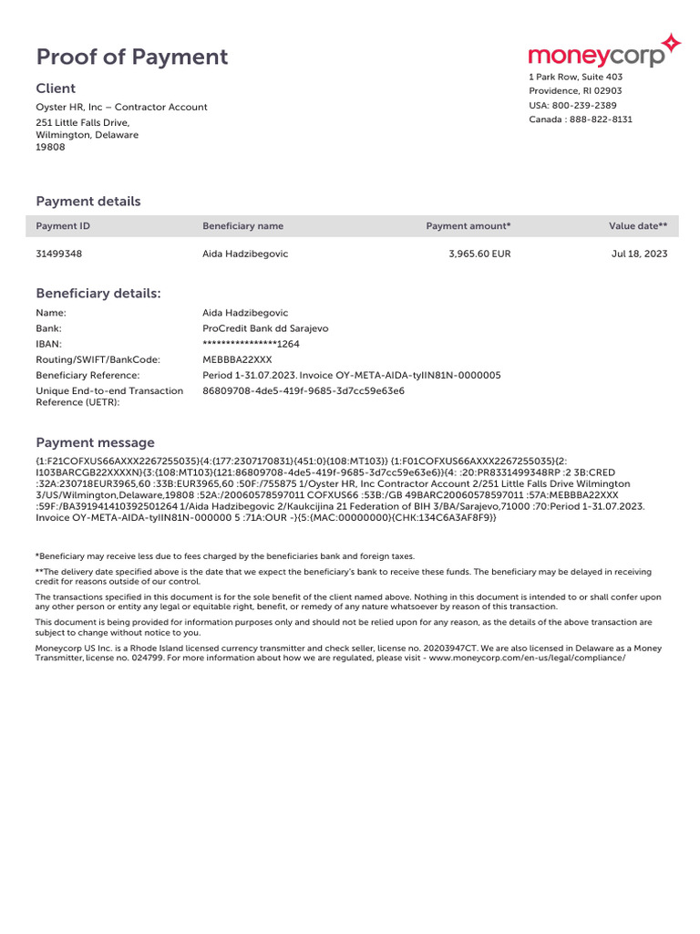 Aida Hadzibegovic 31499348 Proof of Payment - ThirdParty | PDF | Payments | Banks