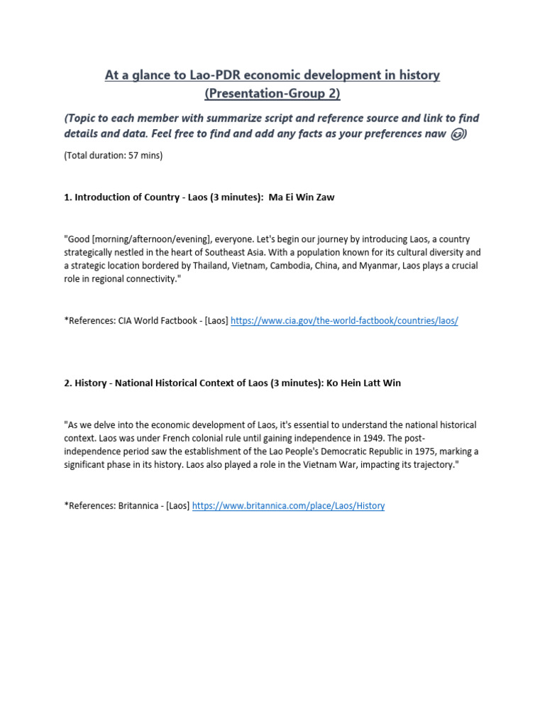 Laos Economic Development Presentation Script Outline and Ref Links (Gp ...
