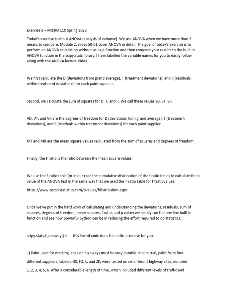 Exercise 8 Micro 110 2023 | PDF | Analysis Of Variance | Errors And Residuals