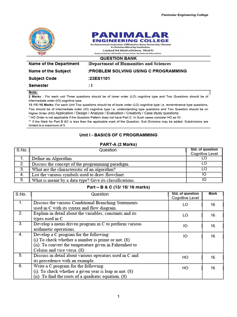 23es1101 - Problem Solving Using C Programming - QB | PDF 23es1101 - Problem Solving Using C Programming - QB | PDF
