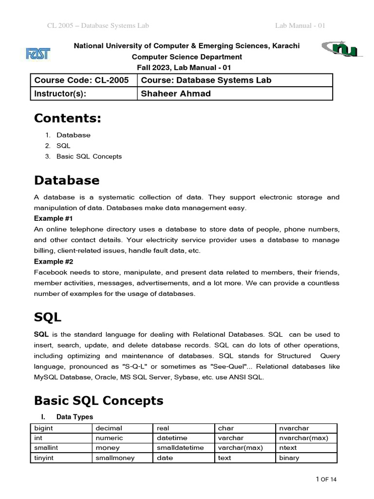 Lab Manual 01 (Introduction) | PDF | Databases | Sql