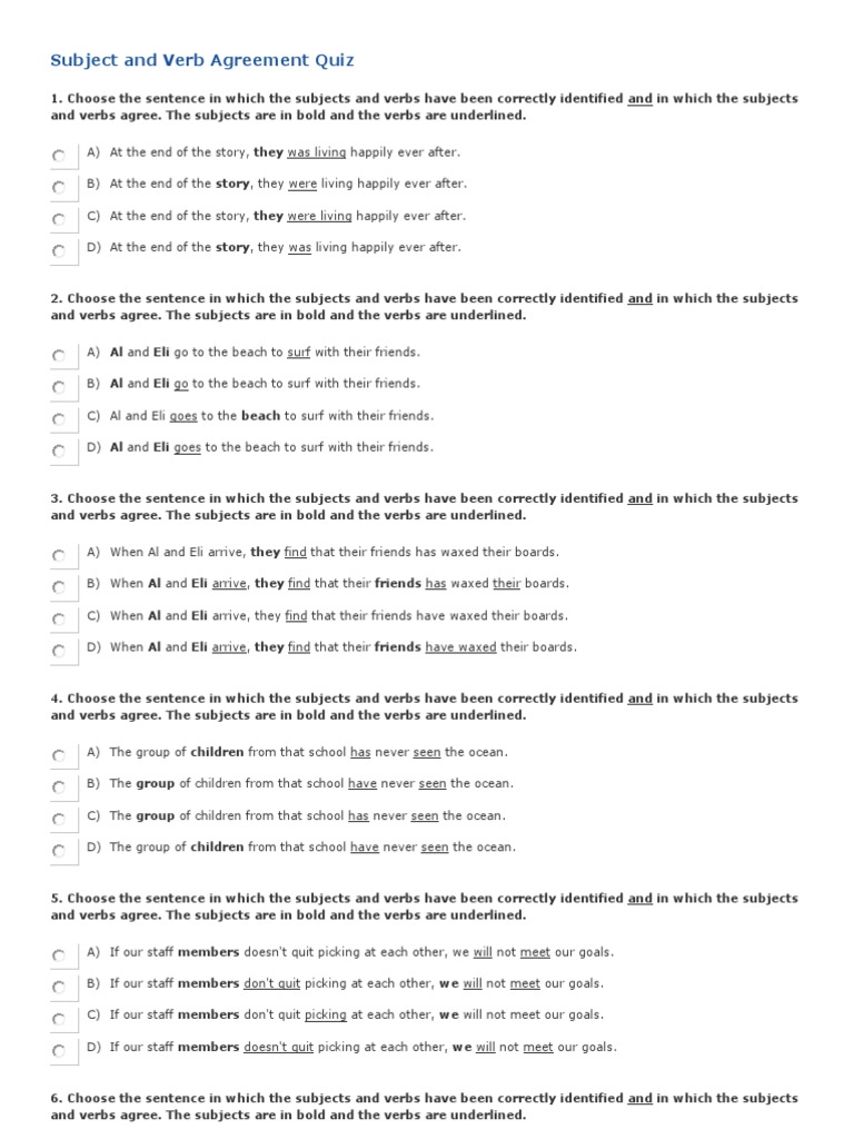 Subject and Verb Agreement Quiz | PDF | Verb | Subject (Grammar)