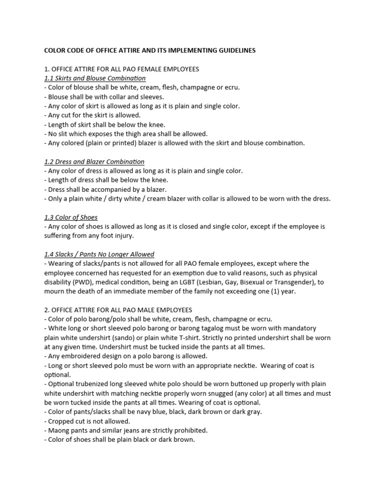 PAO Office Attire Color Code Guidelines | PDF | Blouse | Trousers