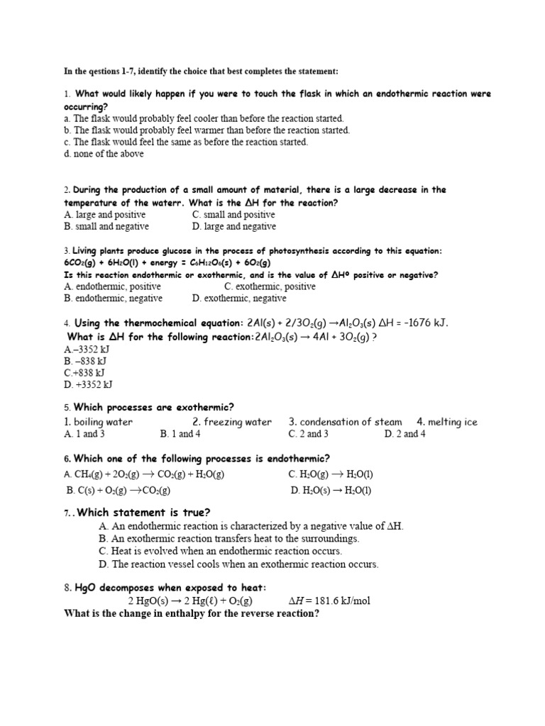Endothermic and Exothermic Reactions Quiz | PDF | Chemical Reactions | Zinc