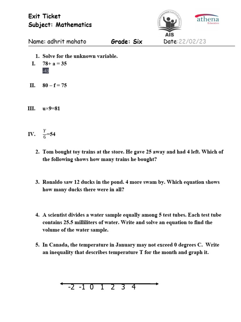 G6 Equation and Inequalities Exit Ticket | PDF