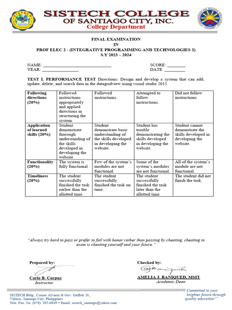 Final Exam: Integrative Programming 2 | PDF | Learning