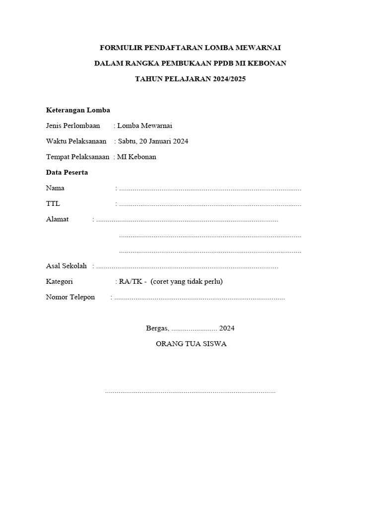 Formulir Lomba Mewarnai MI Kebonan | PDF