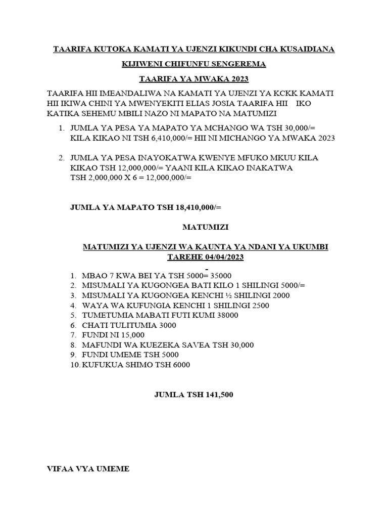 Taarifa Kutoka Kamati Ya Ujenzi Kikundi Cha Kusaidiana | PDF