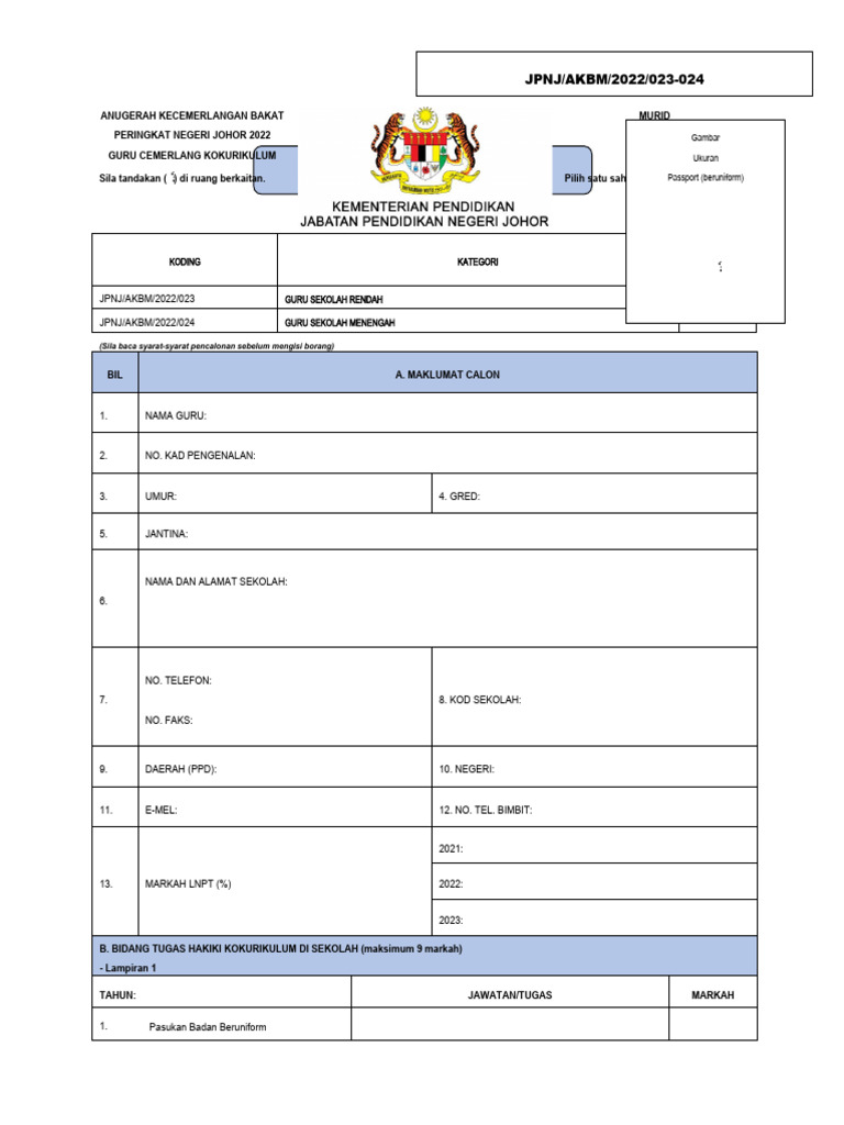 Borang Guru Cemerlang 2022 (023 - 024) | PDF