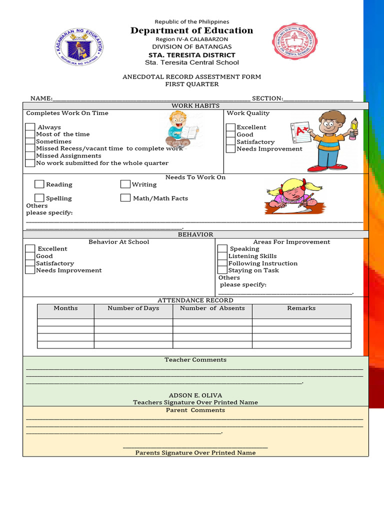 Anecdotal Record Assestment Form | PDF | Behavior Modification | Learning