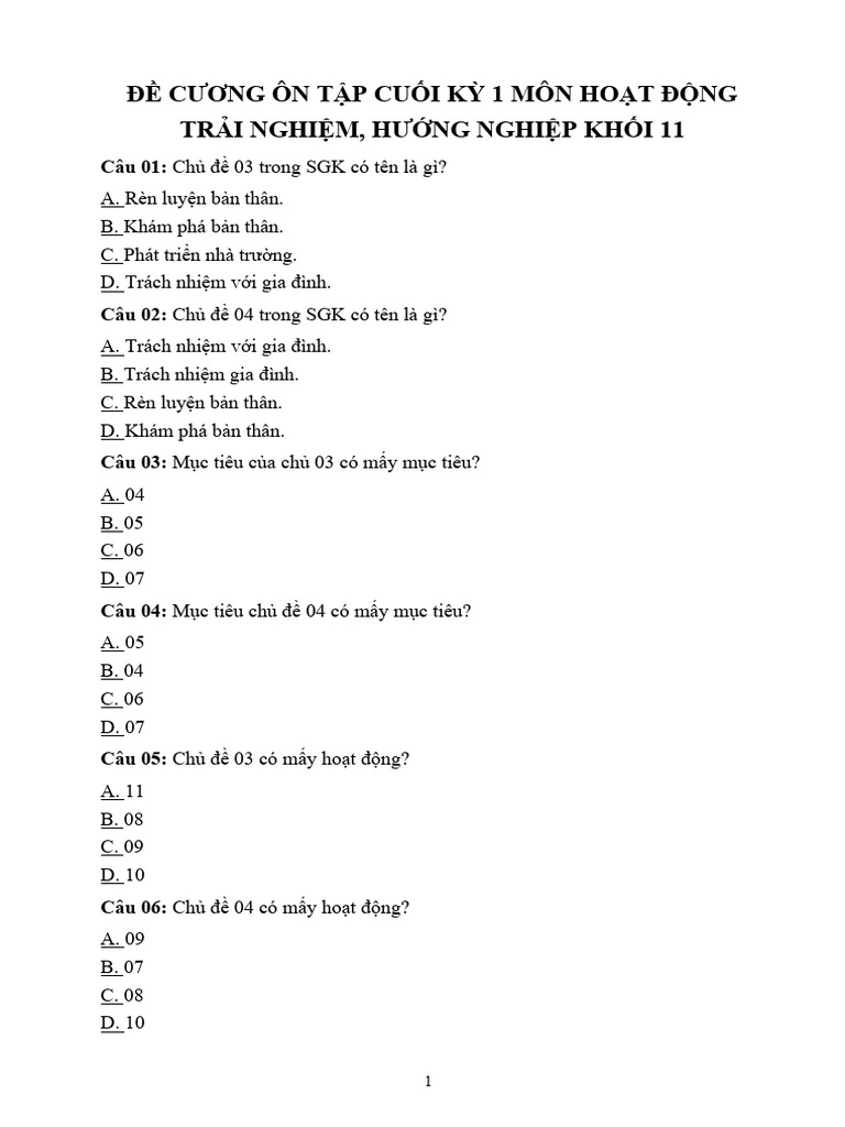 ĐỀ CƯƠNG HĐTN 11 CUOI HK1 | PDF