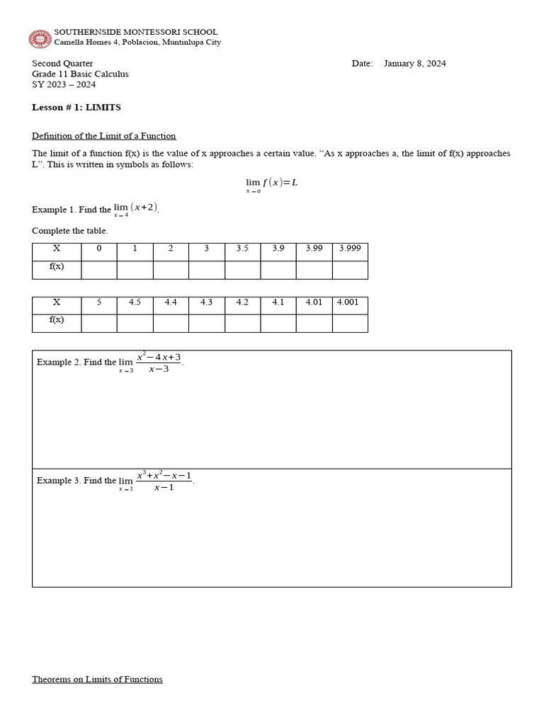 Notes1 Limits BasicCalculus | PDF | Limit (Mathematics) | Function ...