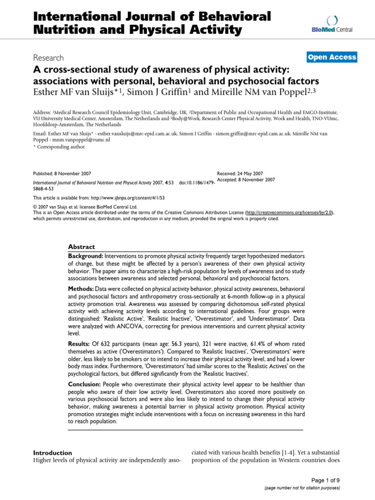 A Cross-Sectional Study of Awareness of Physical Activity Associations With Personal, Behavioral ...